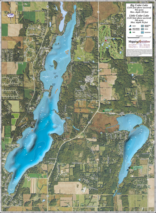 Big & Little Cedar Lakes Enhanced Wall Map - Mapping Specialists Limited