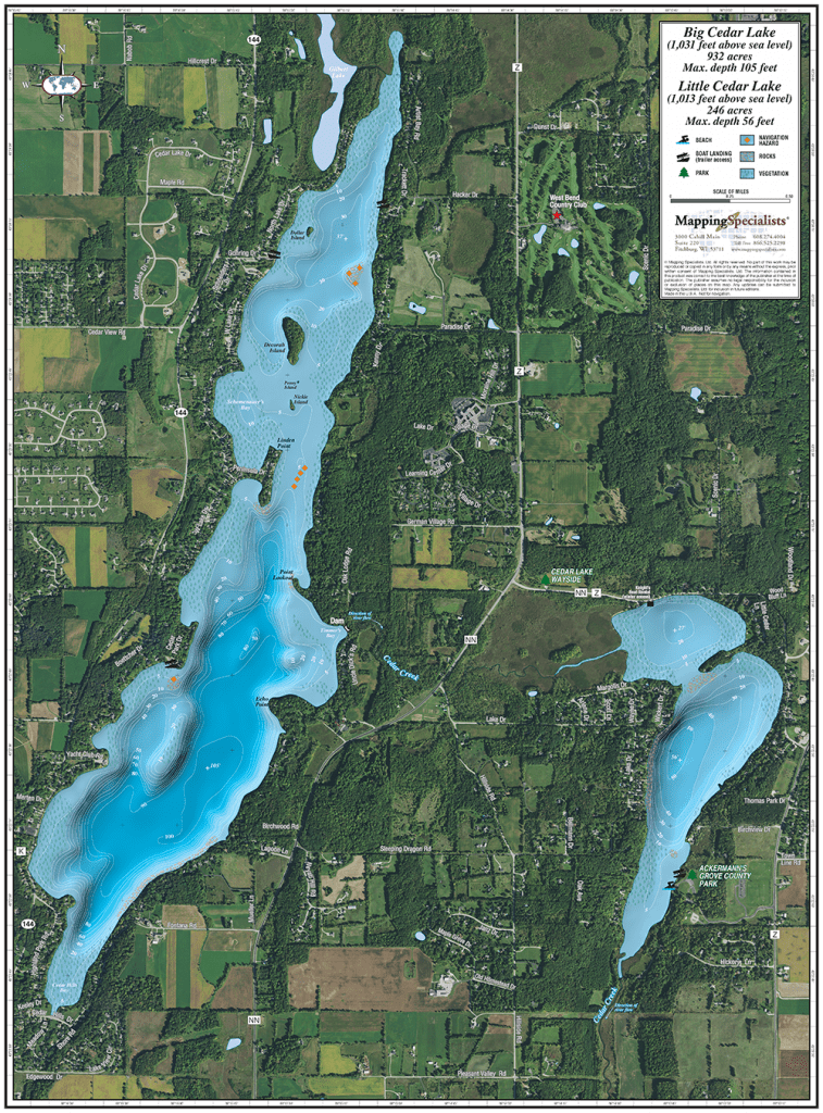 Big & Little Cedar Lakes Enhanced Wall Map - Mapping Specialists Limited