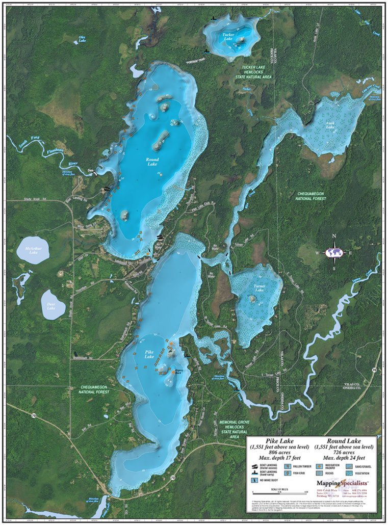 Pike & Round Lakes Enhanced Wall Map - Mapping Specialists Limited