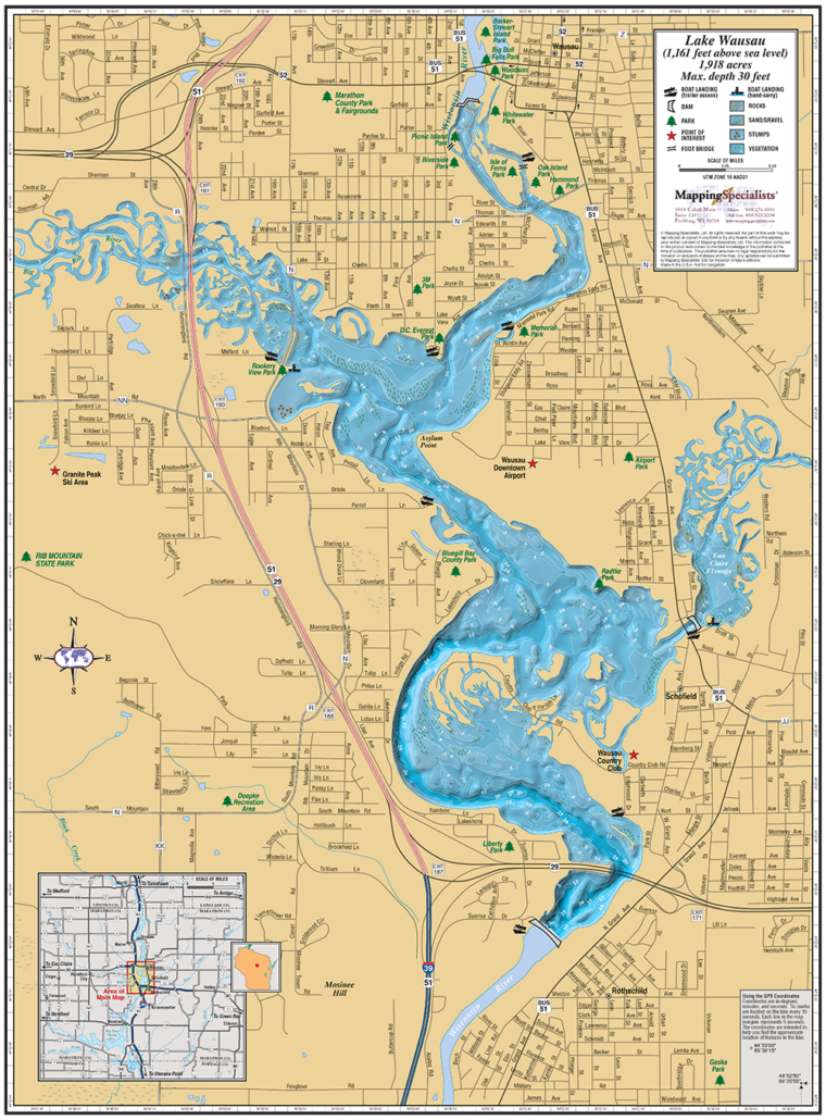 Lake Wausau Wall Map - Mapping Specialists Limited