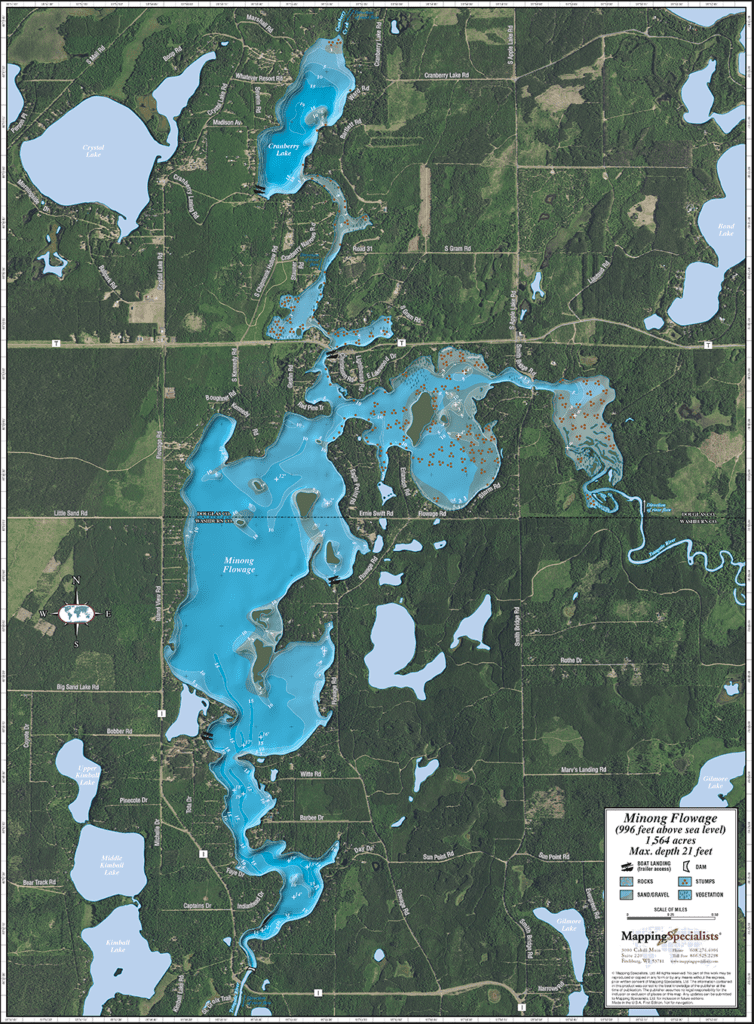Minong Flowage Enhanced Wall Map - Mapping Specialists Limited