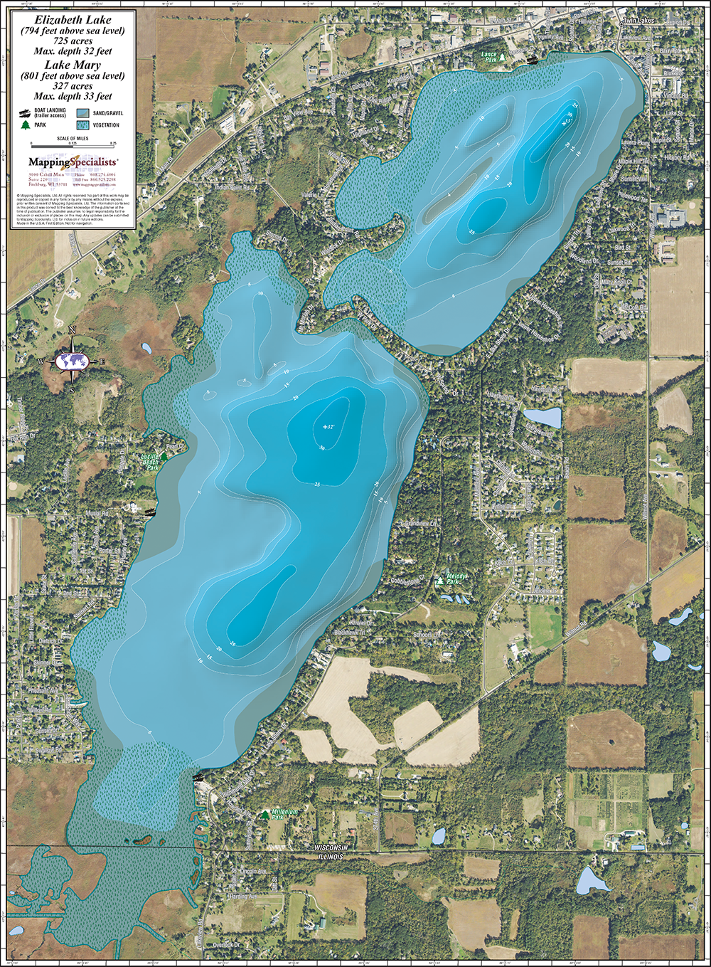 Elizabeth Lake & Lake Mary Enhanced Wall Map - Mapping Specialists Limited