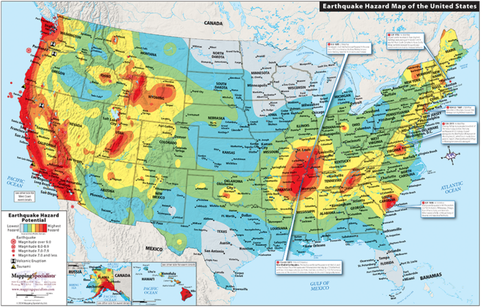 Map of Earthquakes in the United States - Mapping Specialists Limited