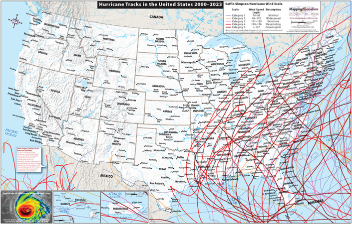 Map of Hurricanes in the United States - Mapping Specialists Limited
