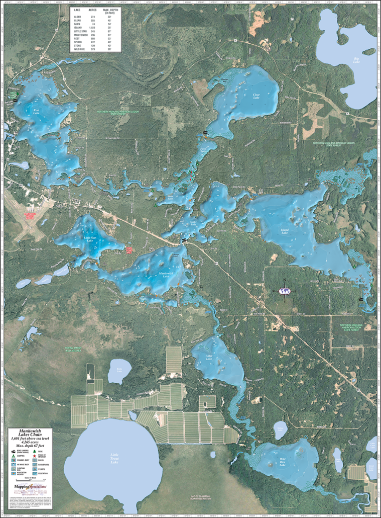 Manitowish Lakes Chain Enhanced Wall Map - Mapping Specialists Limited