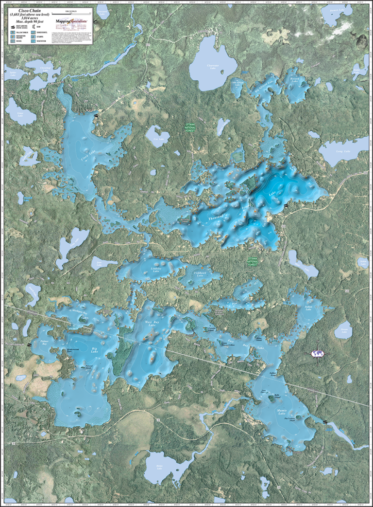 Manitowish Lakes Chain Enhanced Wall Map - Mapping Specialists Limited
