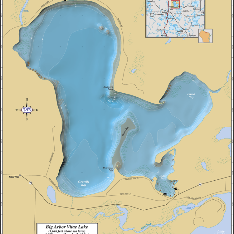 Big & Little Arbor Vitae Lakes Fold Map - Mapping Specialists Limited