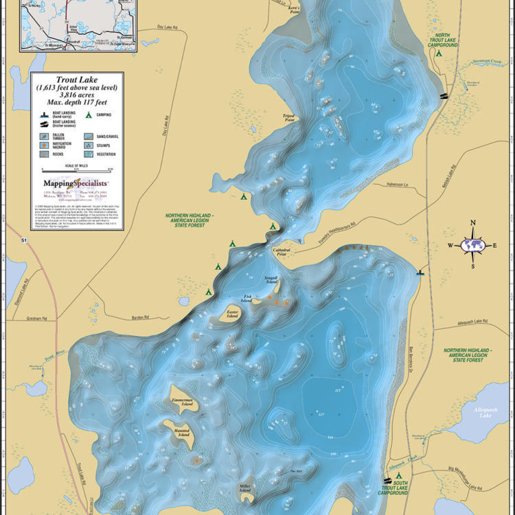White Sand Lake (Lac du Flambeau) Enhanced Wall Map - Mapping ...