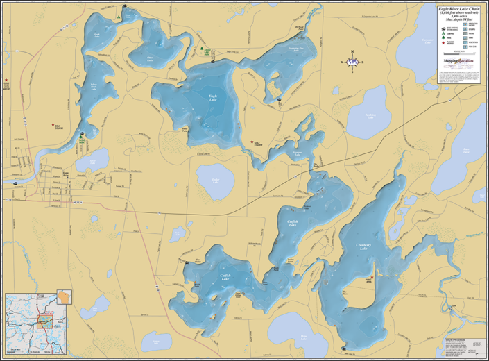Eau Claire Lake Chain Wall Map - Mapping Specialists Limited