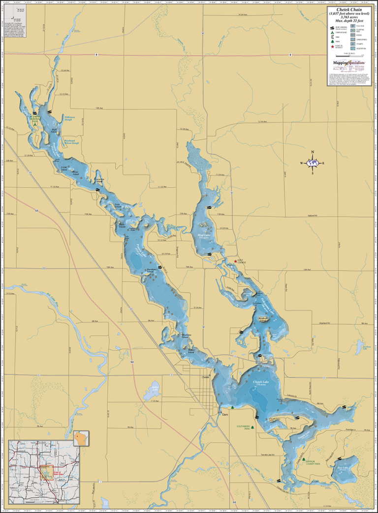 Chetek Chain Wall Map - Mapping Specialists Limited