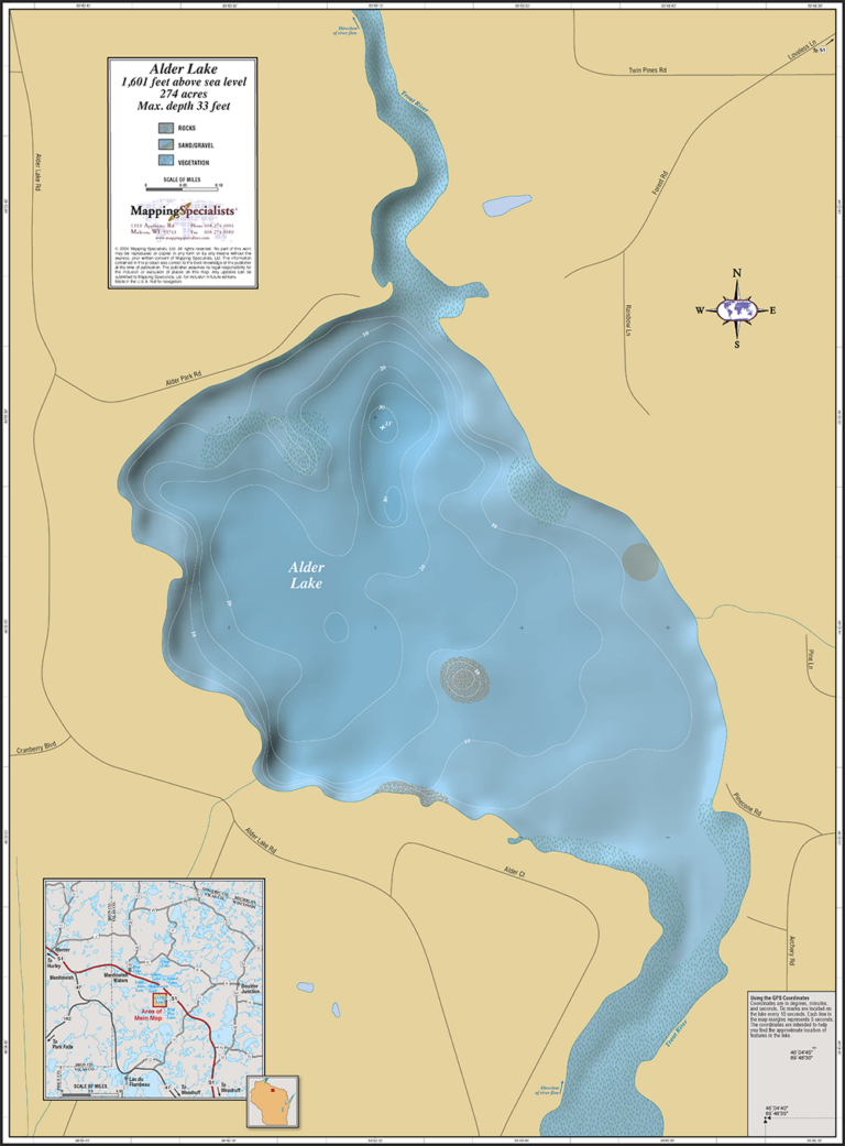Alder Lake (Manitowish Chain) Wall Map - Mapping Specialists Limited