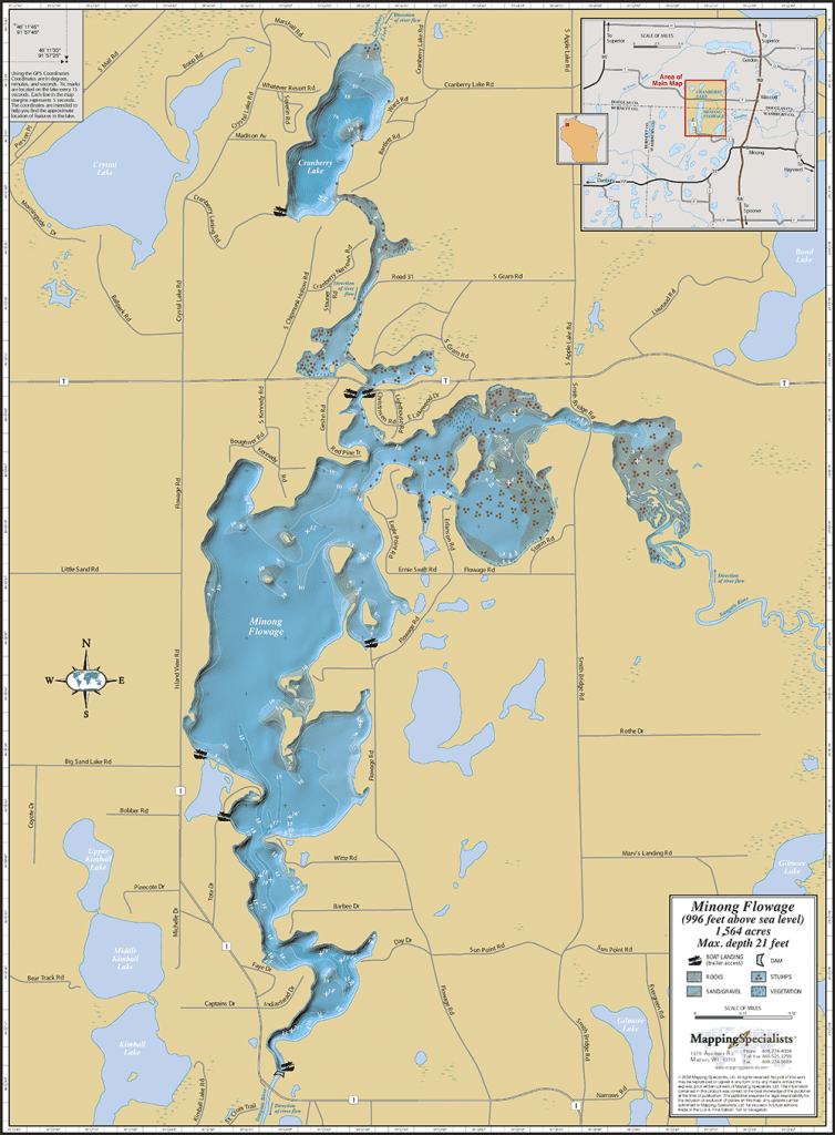 Minocqua & Kawaguesaga Lakes Wall Map - Mapping Specialists Limited