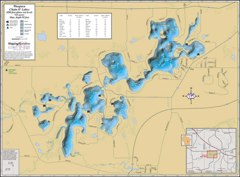 Waupaca Chain O' Lakes Wall Map - Mapping Specialists Limited